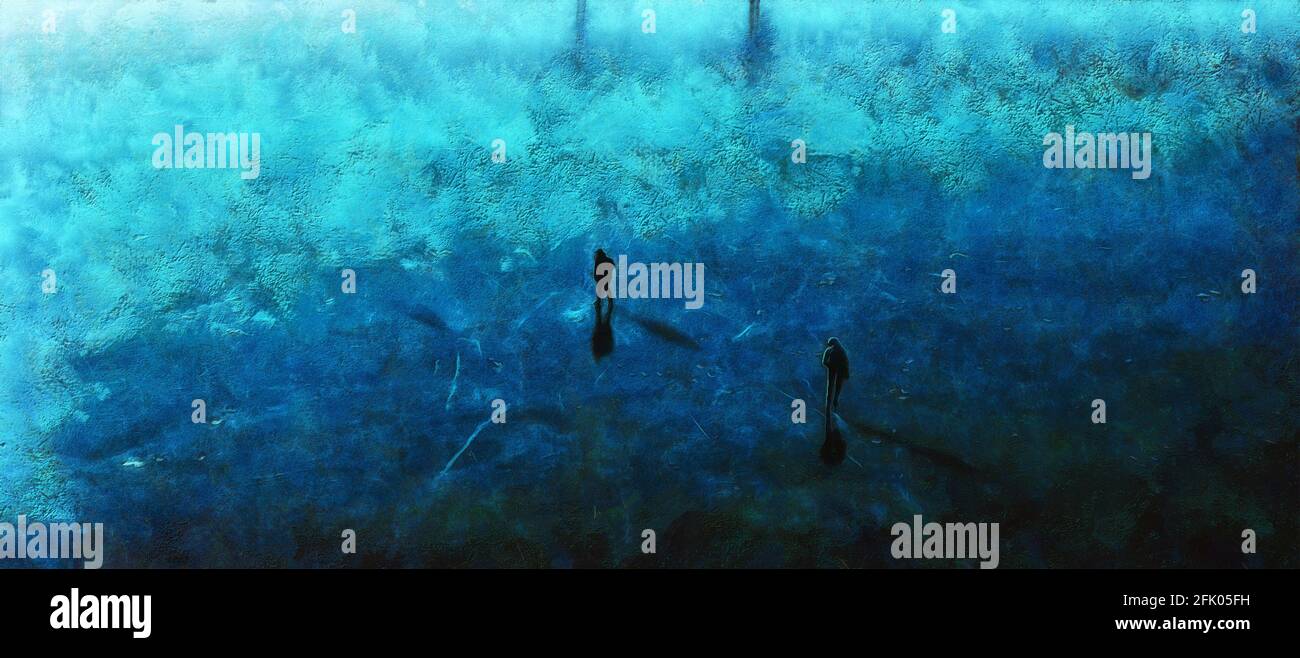 People skate on the skating rink. Top view. Artistic work on the theme ...