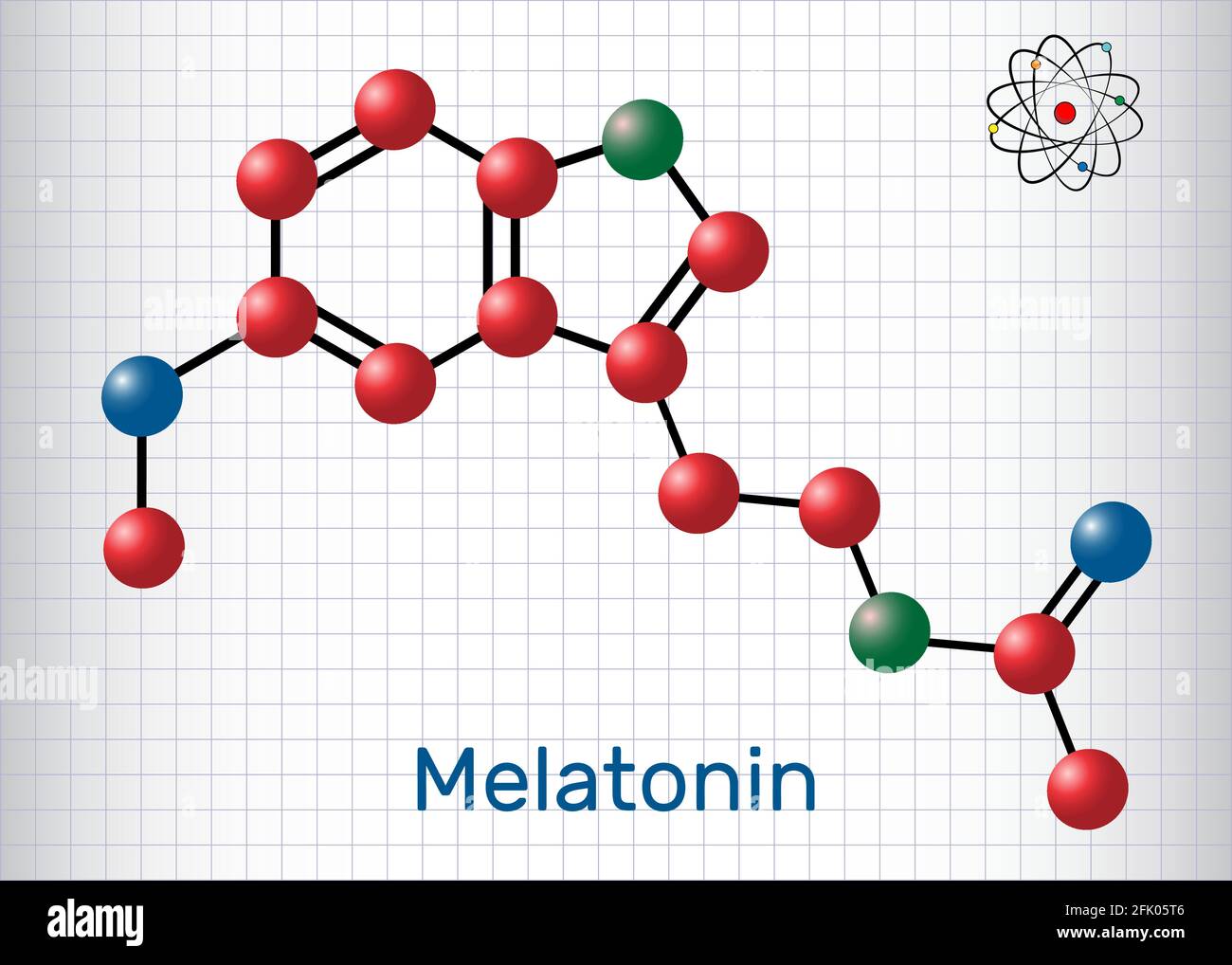 Melatonin molecule, sleep hormone. Atoms are represented as spheres ...
