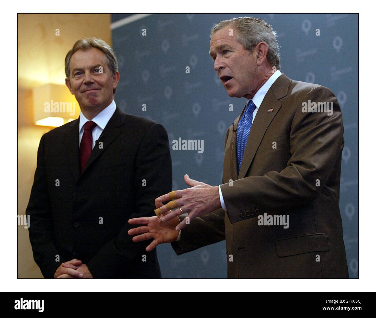 P.M. Tony Blair at a morning press conf with President George Bush at ...
