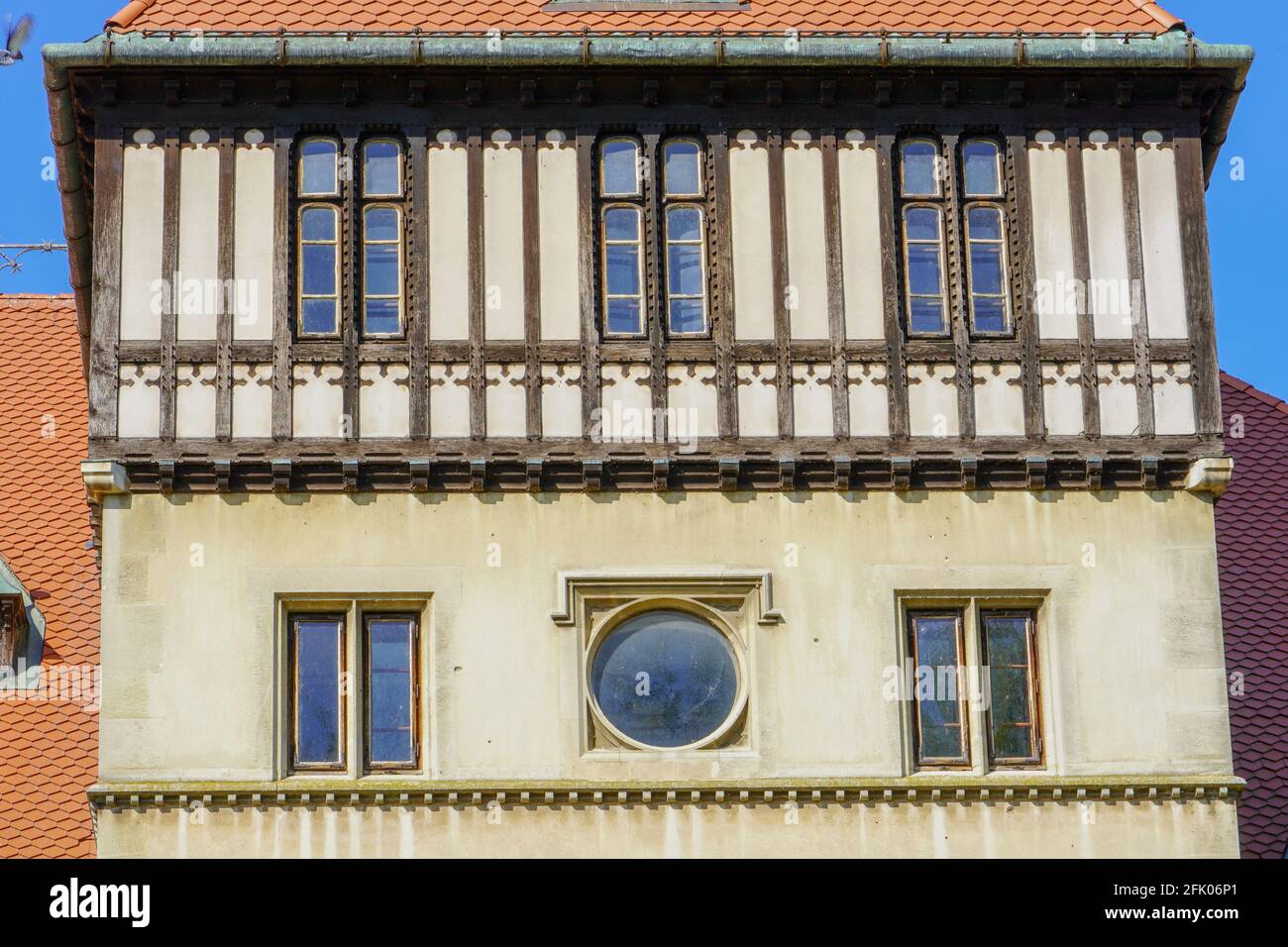 Six windows in the tower of the old castle Stock Photo - Alamy