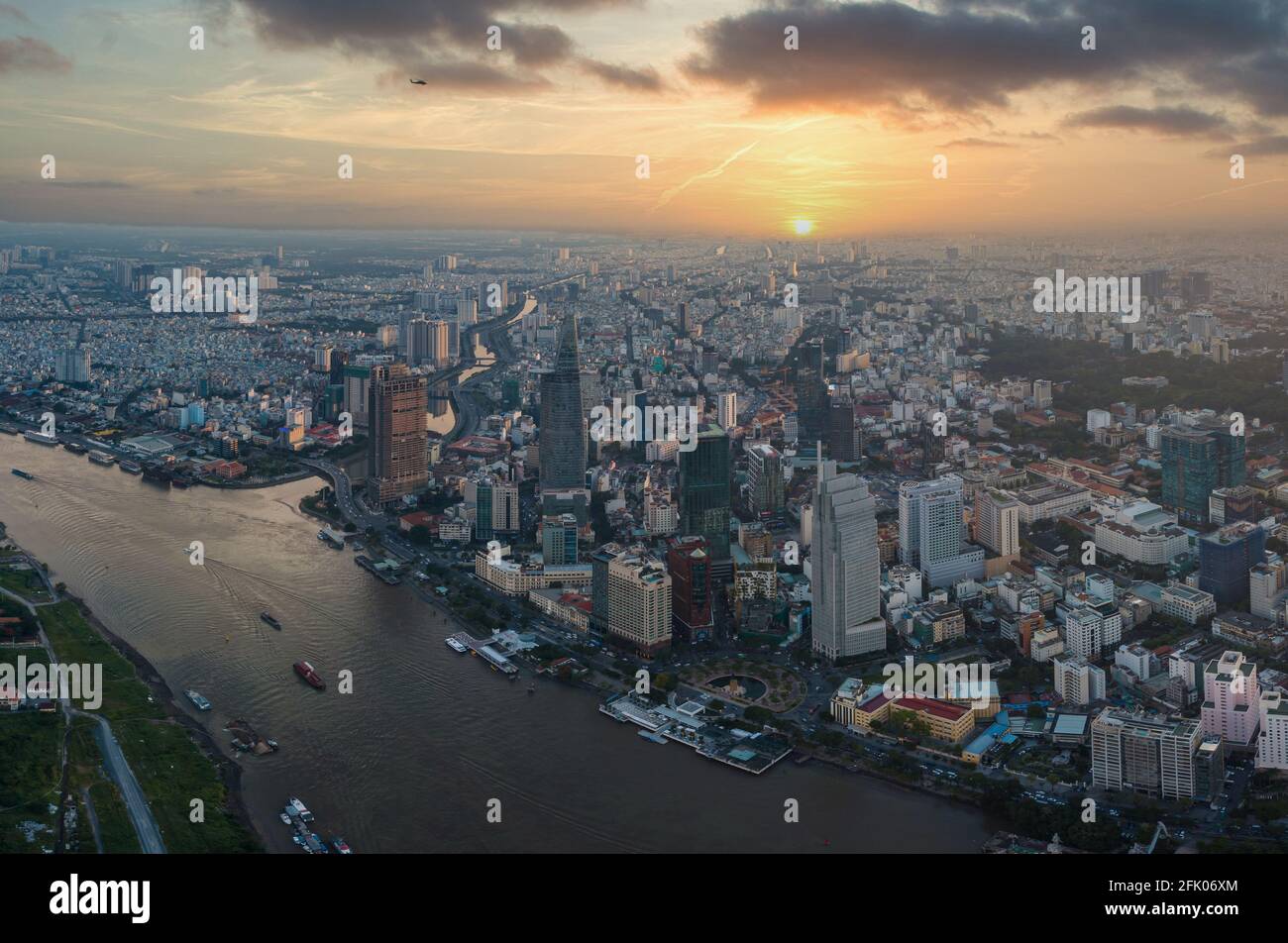 Aerial view of downtown cityscape photo at sunset - Ho Chi Minh city ...