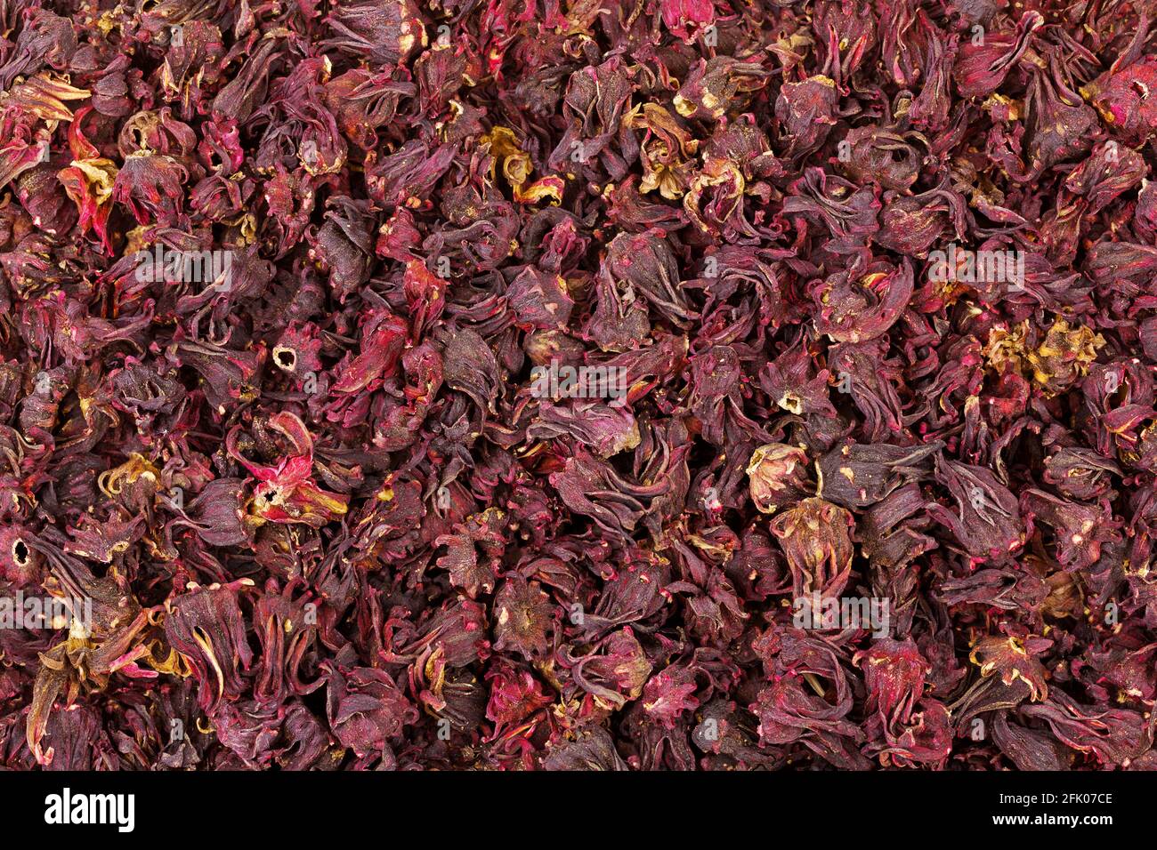 Closeup texture of dried Roselle hibiscus flowers in dark red color to ...
