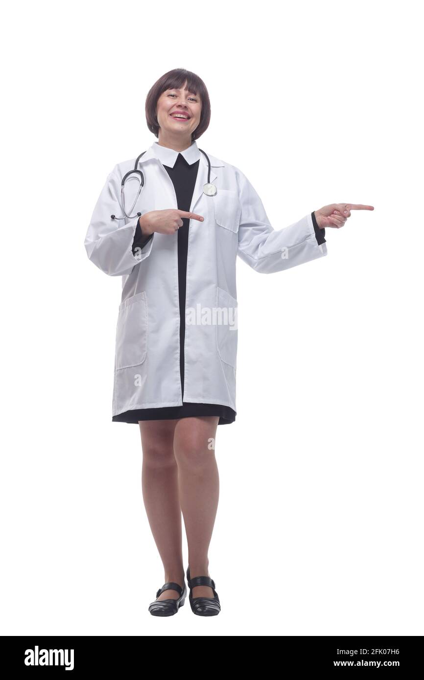 medical doctor woman pointing in the right direction Stock Photo - Alamy