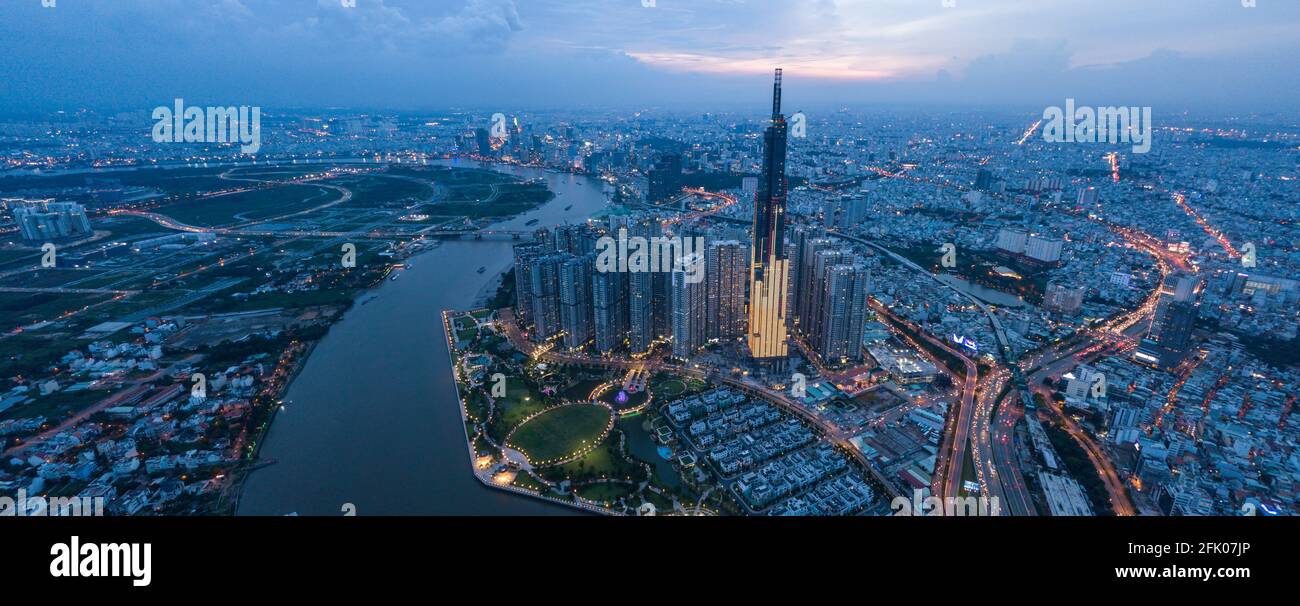 Panoramic drone view cityscape of Ho Chi Minh city with twilight sky ...