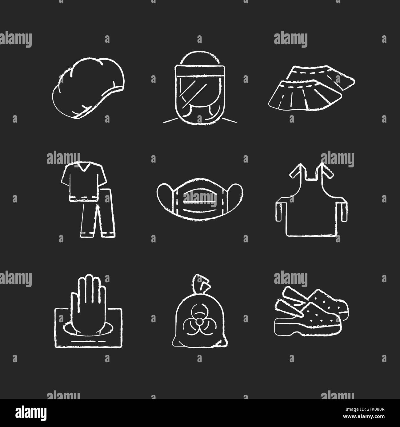 Disposable medical uniform chalk white icons set on black background ...