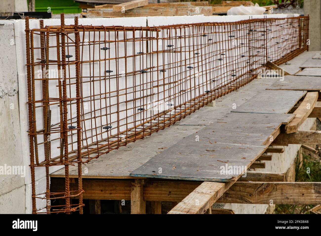 Iron frame before concreting a beam, with the focus on the foreground ...