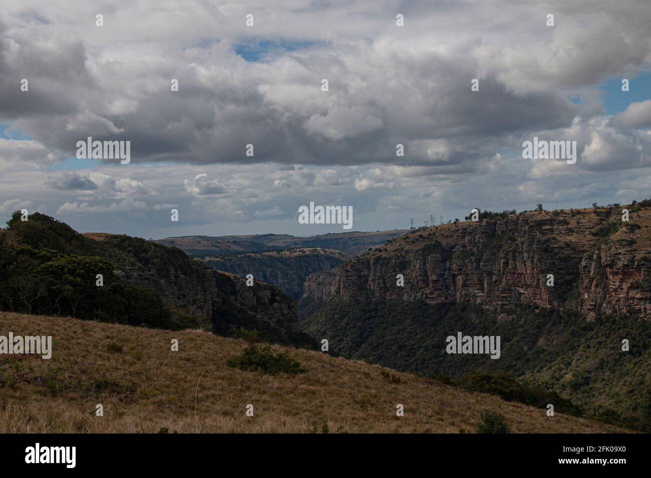 Steep rocky cliffs leading down into a tree lined gorge Stock Photo - Alamy
