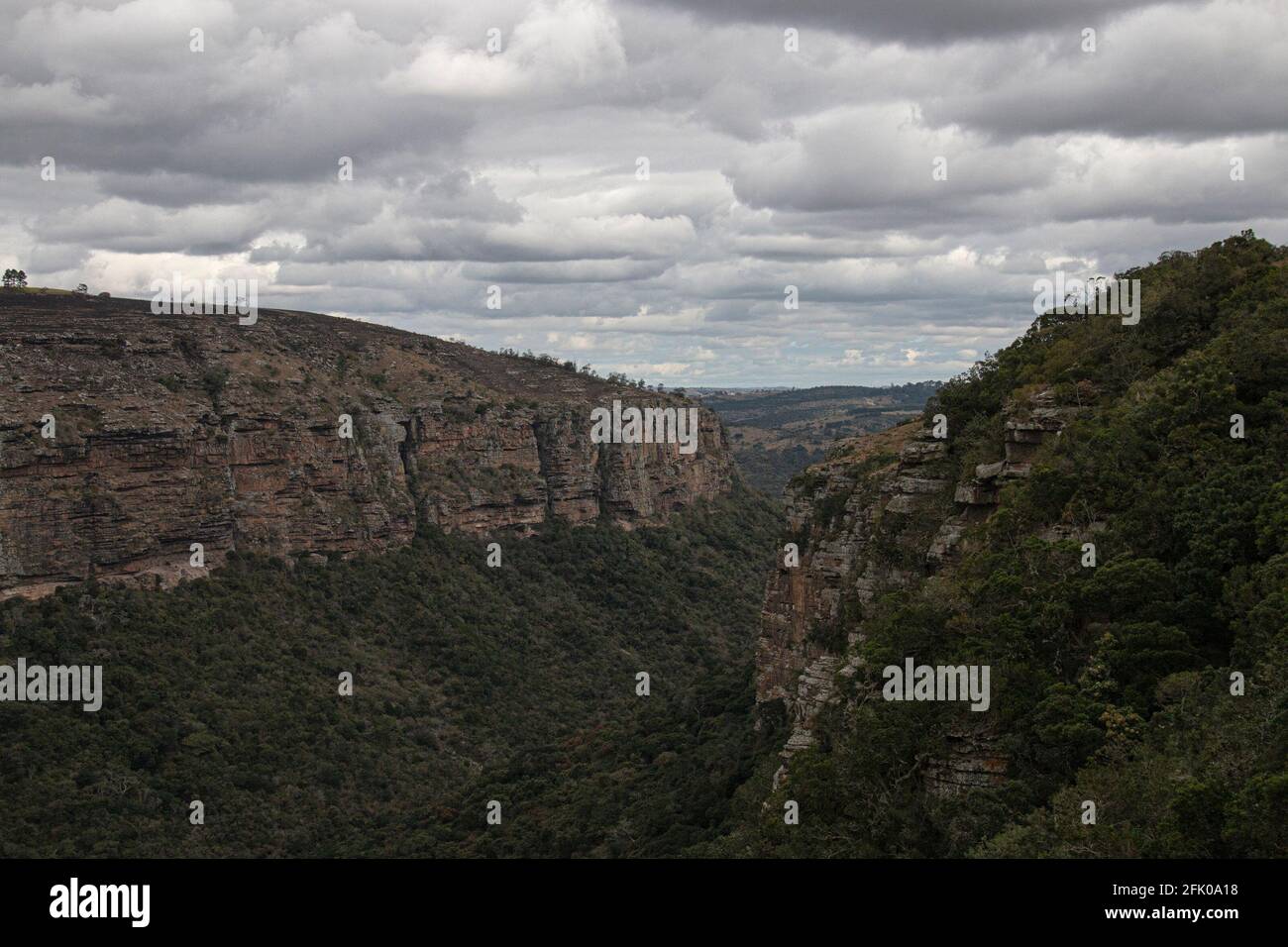 Steep rocky cliffs leading down into a tree lined gorge Stock Photo - Alamy