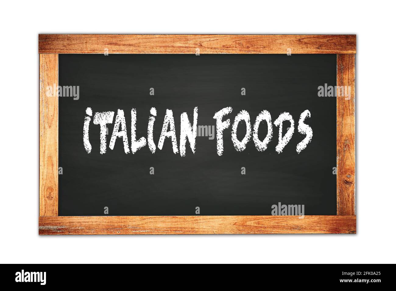 ITALIAN FOODS text written on black wooden frame school blackboard ...
