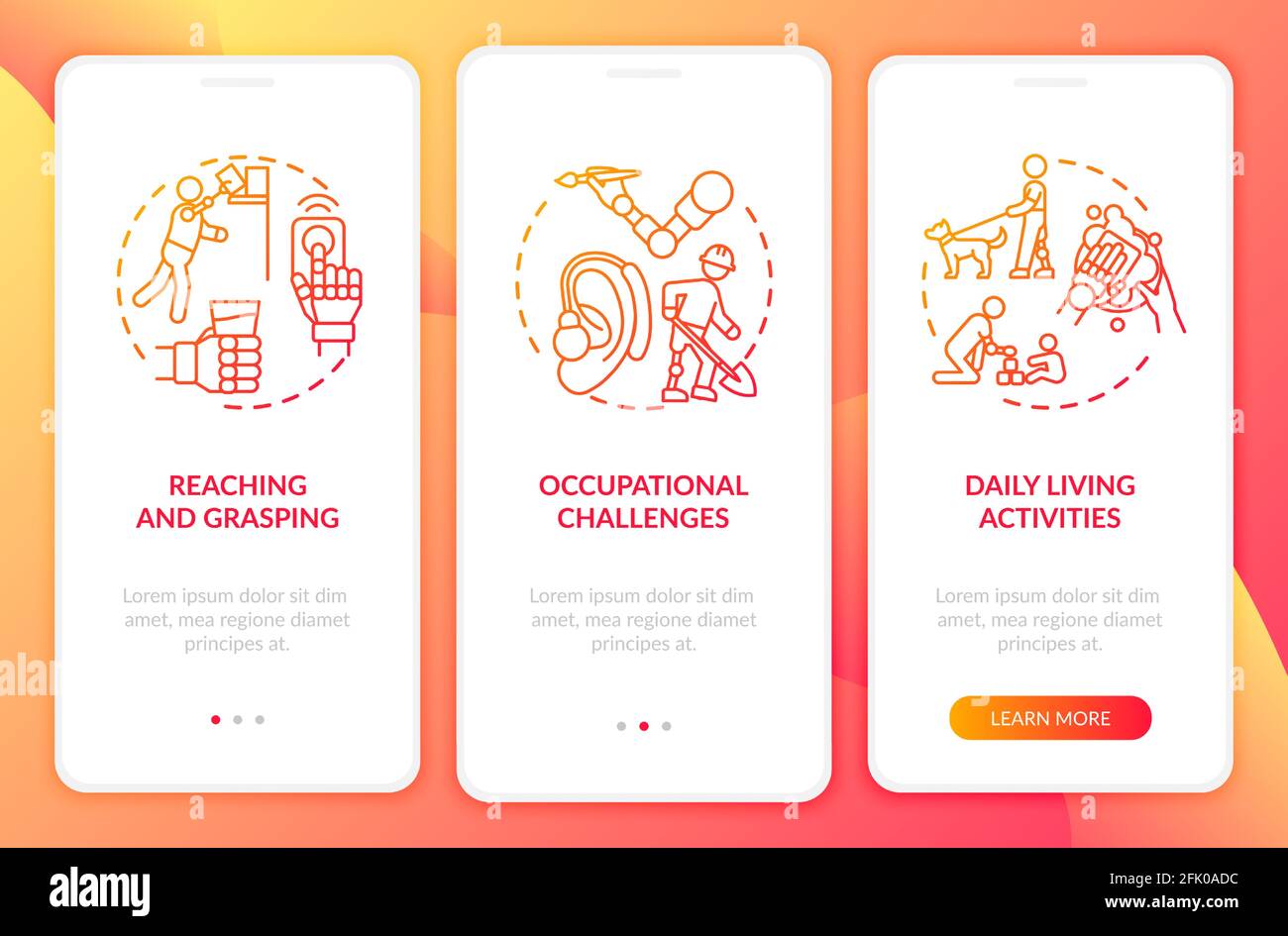 Upper extremity prostheses tasks onboarding mobile app page screen with ...