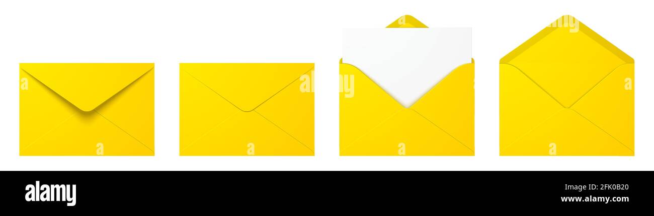 Vector set of realistic yellow envelopes in different positions. Folded and unfolded envelope ...
