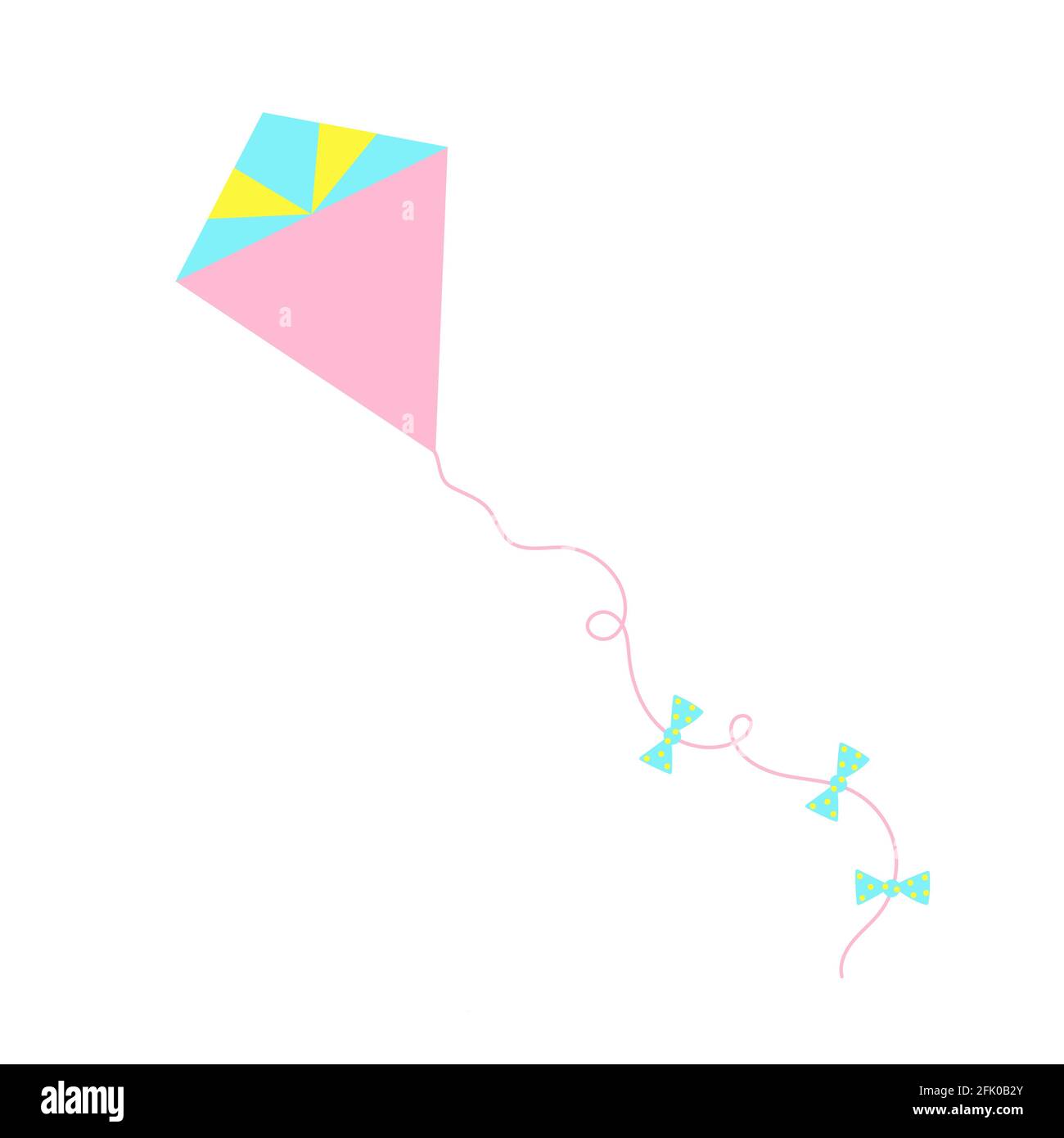 Light blue and pink kite with rope and bows, childs toy, simple flat ...