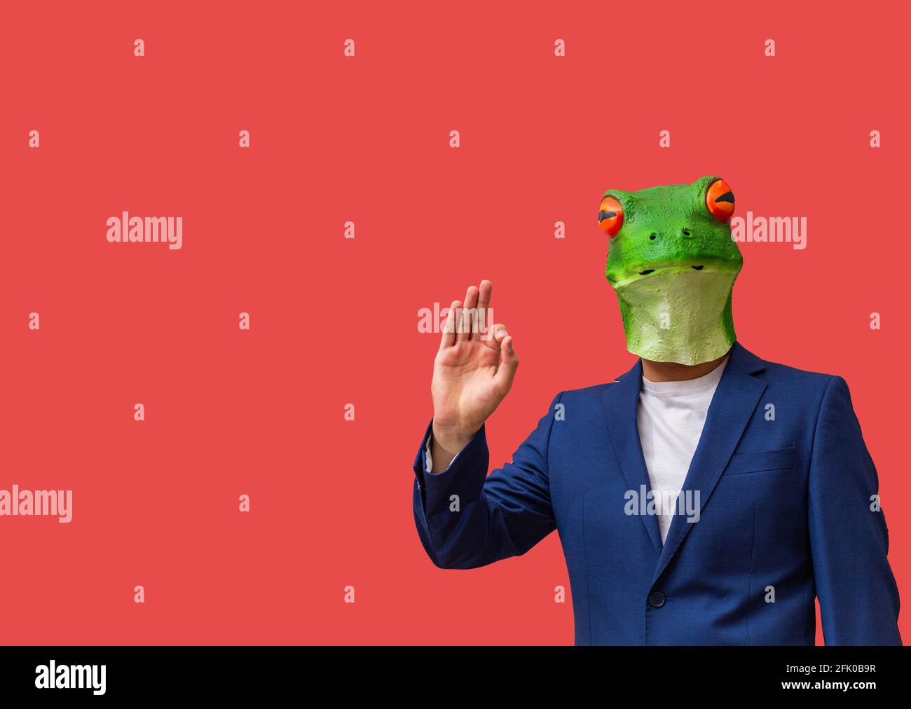man with googly-eyed frog mask marking approval with his hands "Ok" on ...