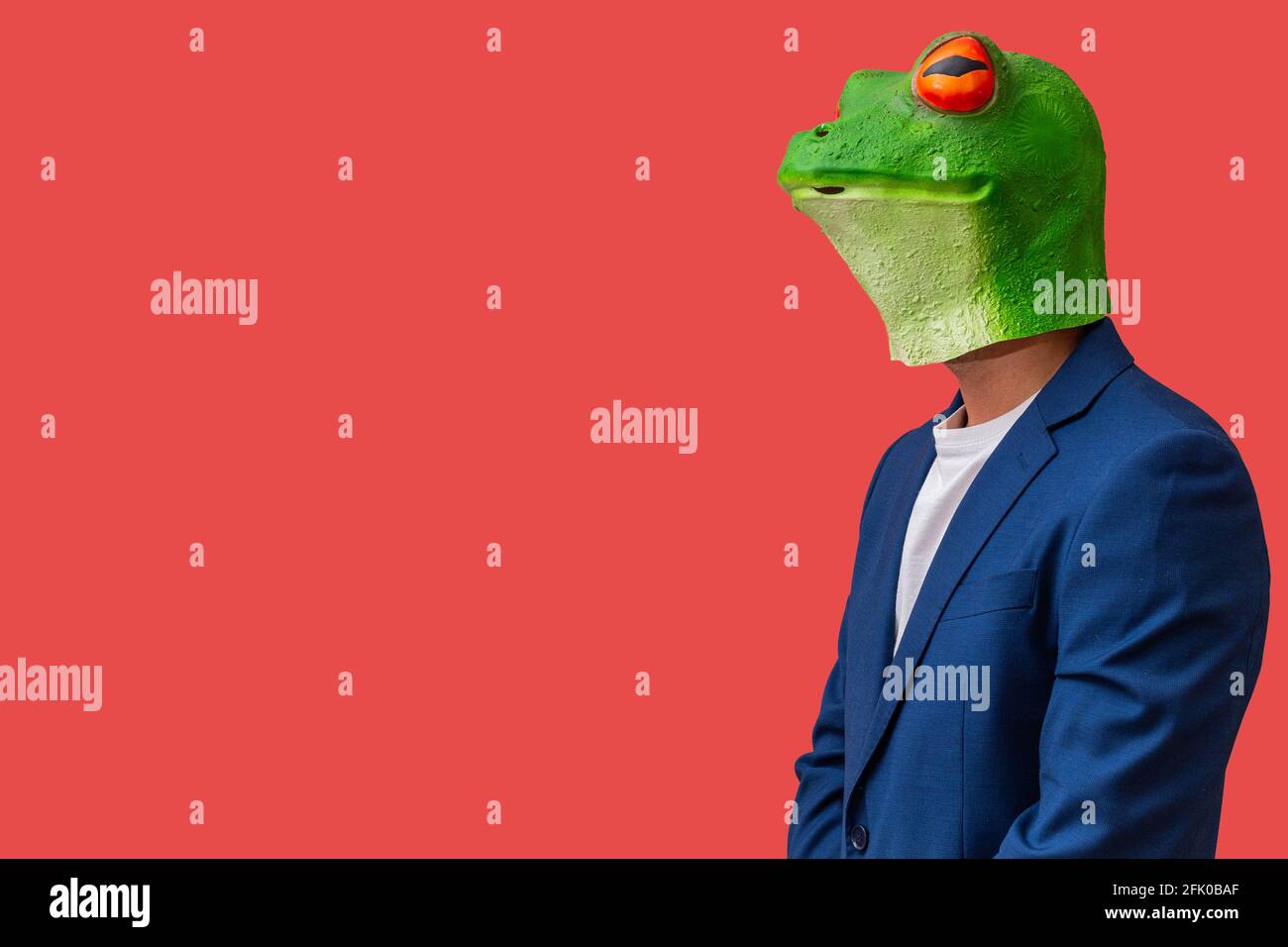 man in frog mask with bulging eyes staring and posing on red background ...