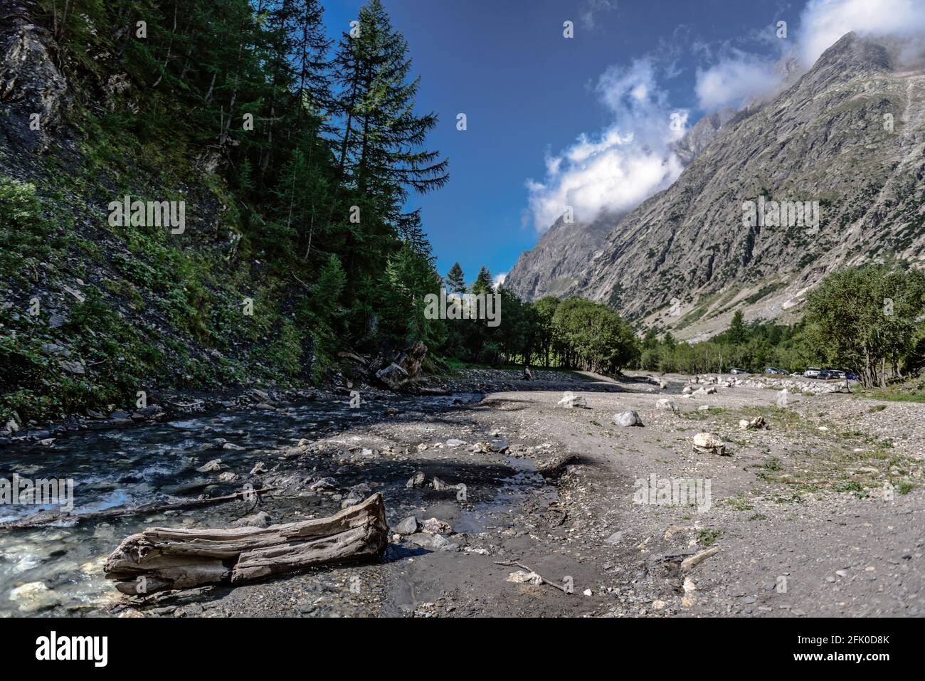 Dora river, Val Ferret valley, Monte Bianco mountain,Courmayeur; Valle ...