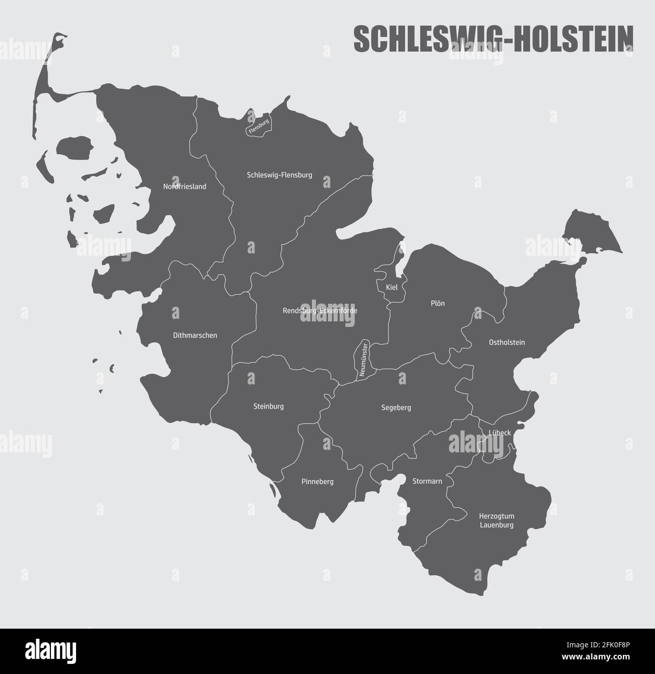 The Schleswig-Holstein state, isolated map divided in districts with ...
