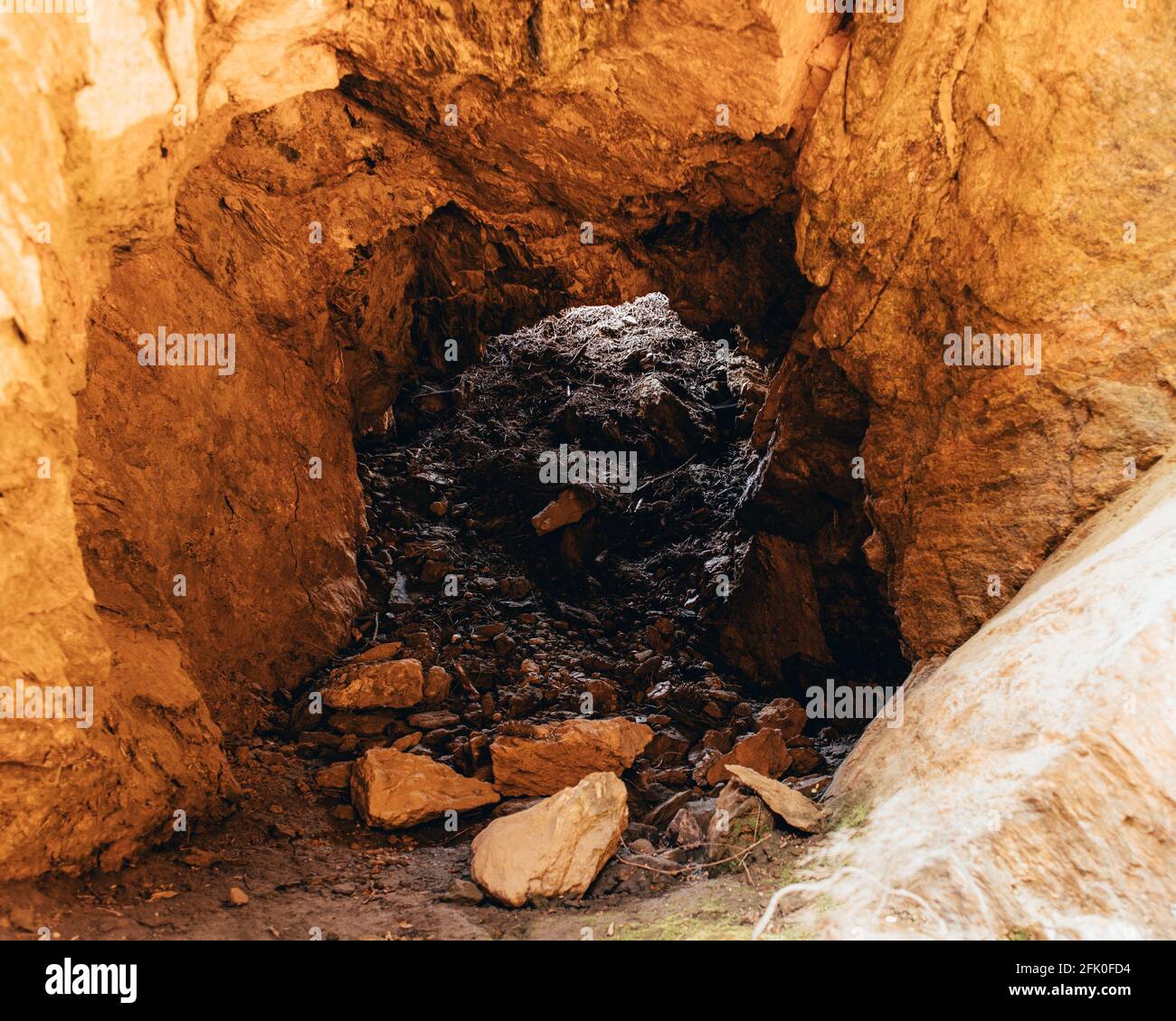 Closeup of a small rocky cave filled with soil and twigs in the park ...