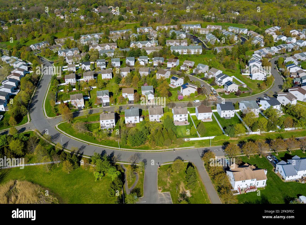Small american town district with houses and roads on aerial view ...