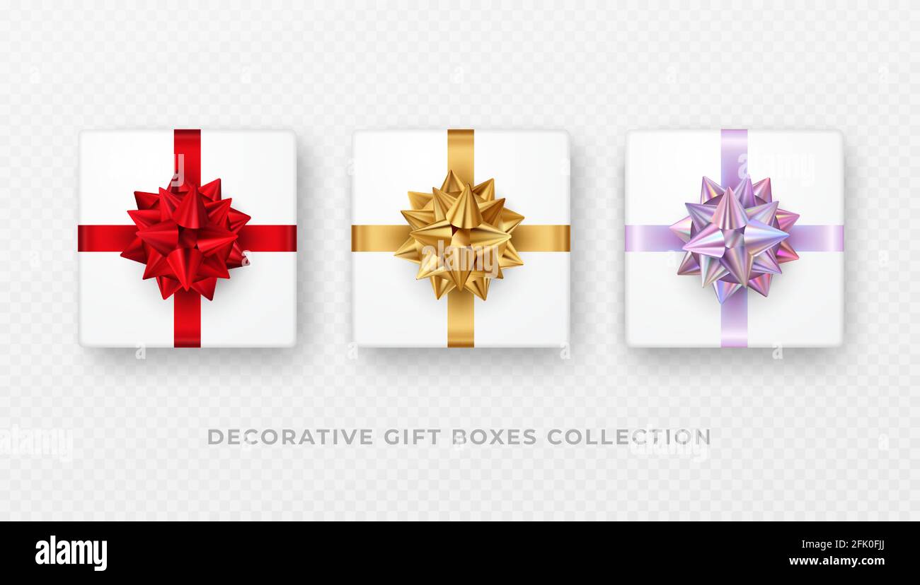 Decorative white gift box with bow and ribbon isolated on white ...