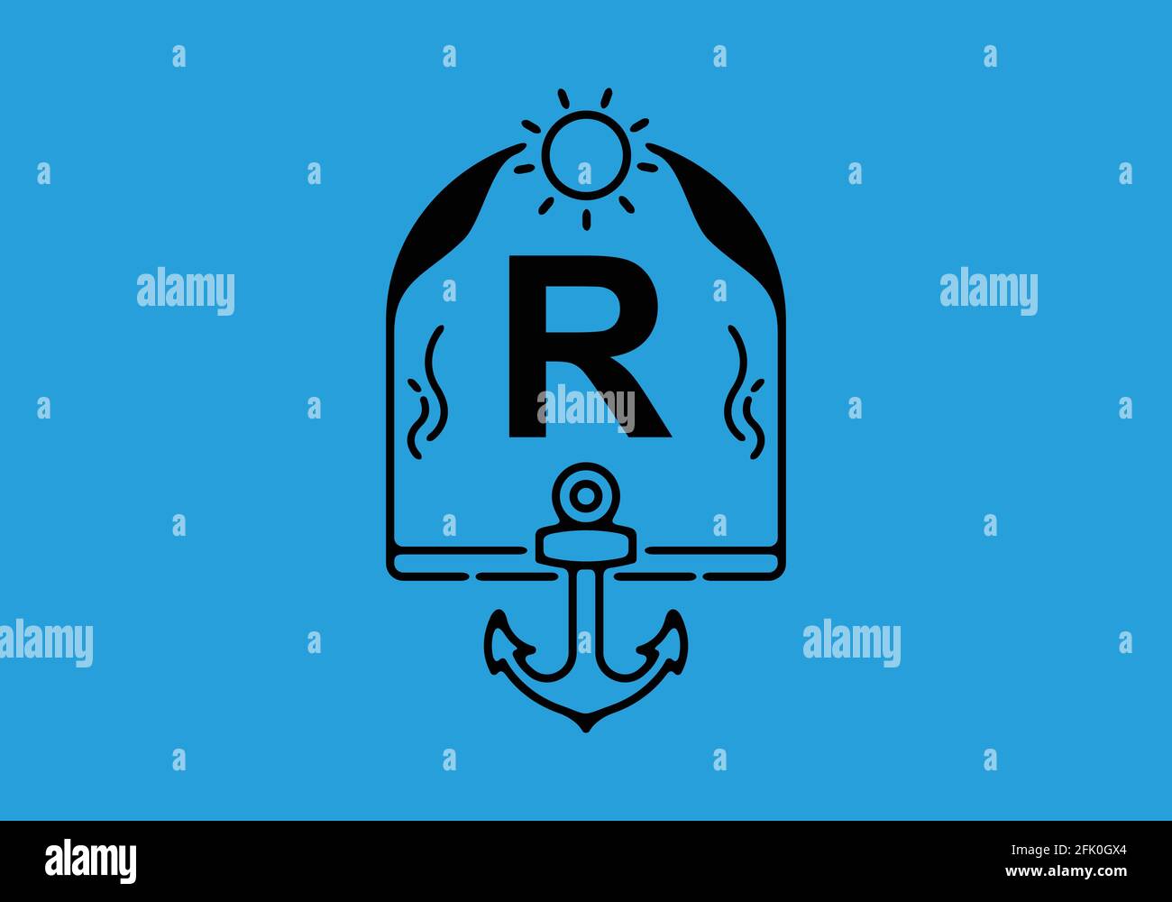 Black line art illustration of R initial letter in anchor frame design ...