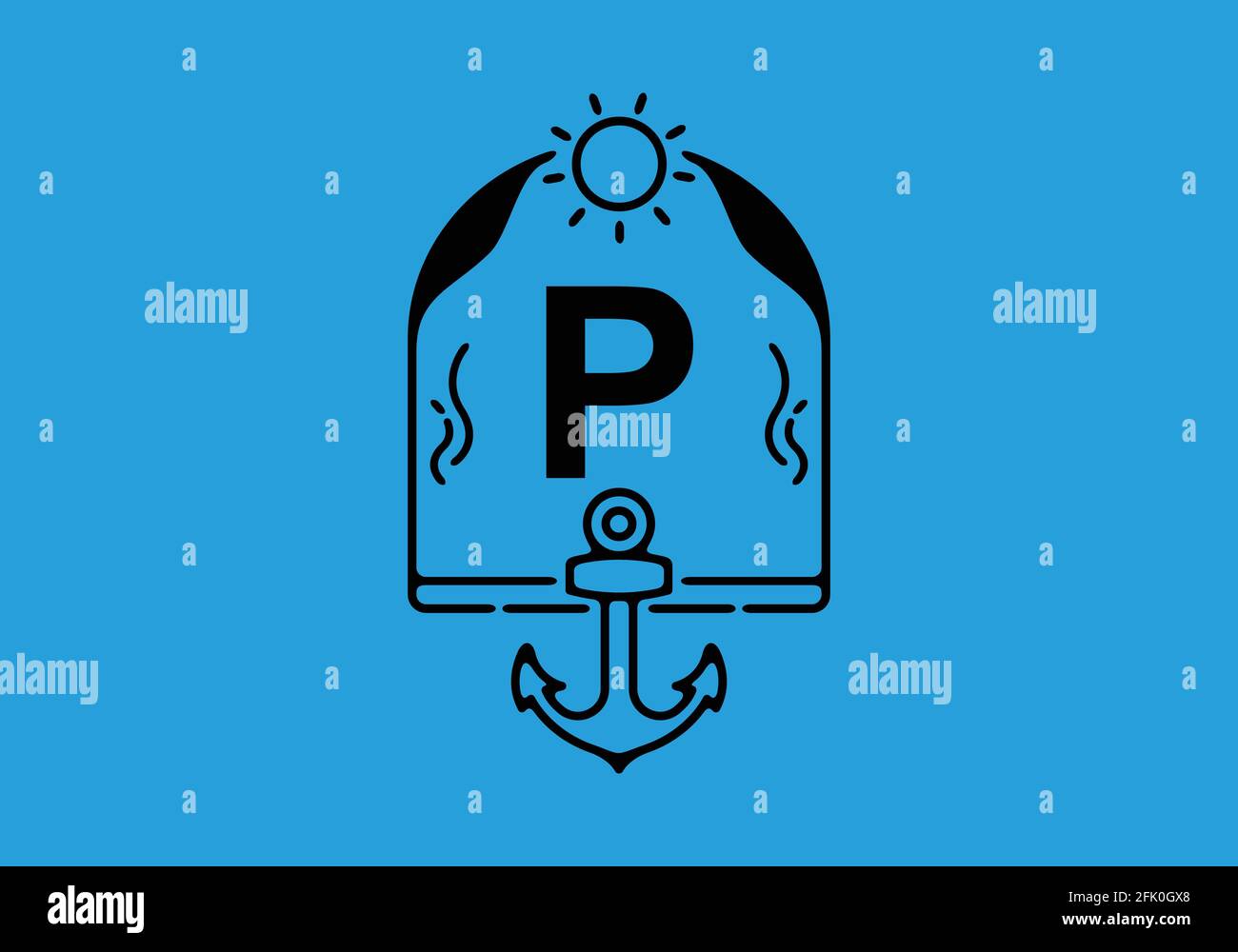 Black line art illustration of P initial letter in anchor frame design ...