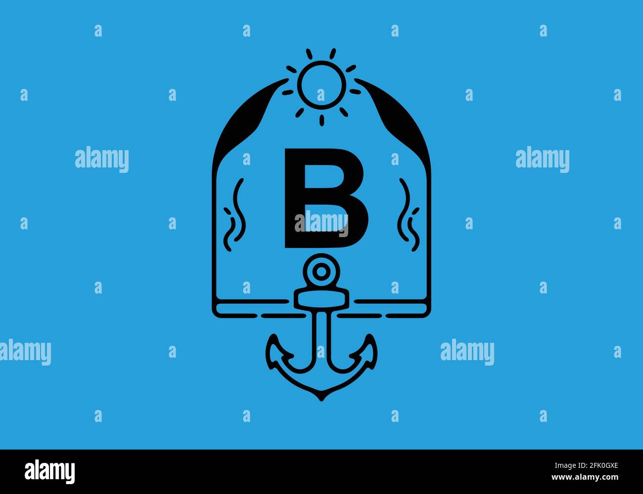 Black line art illustration of B initial letter in anchor frame design ...