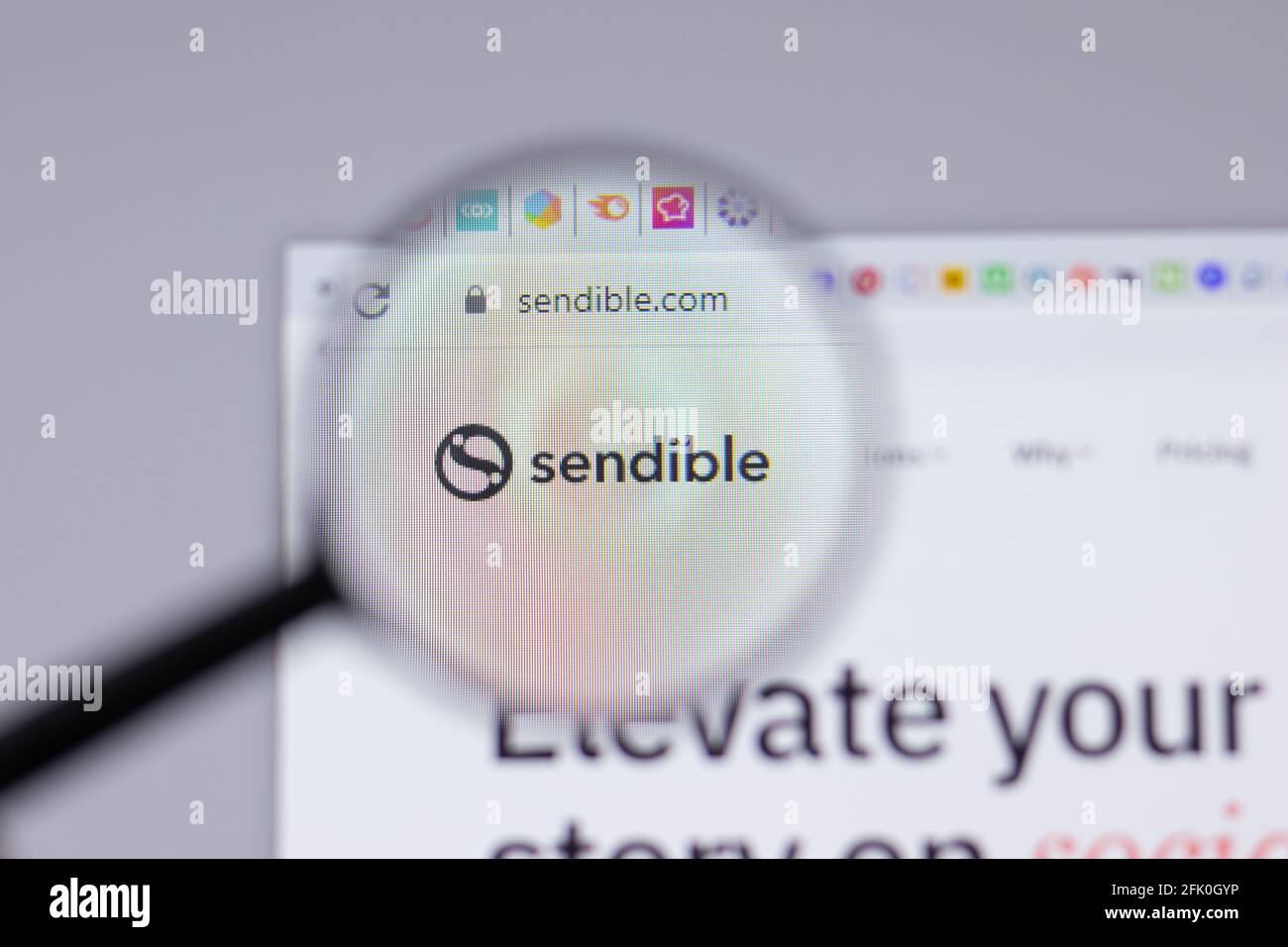 New York, USA - 26 April 2021: Sendible logo close-up on website page ...