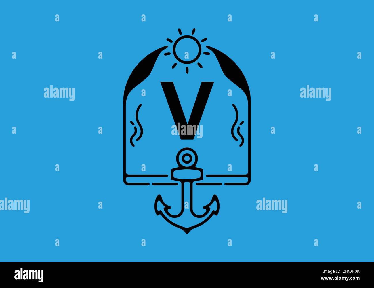 Black line art illustration of V initial letter in anchor frame design ...