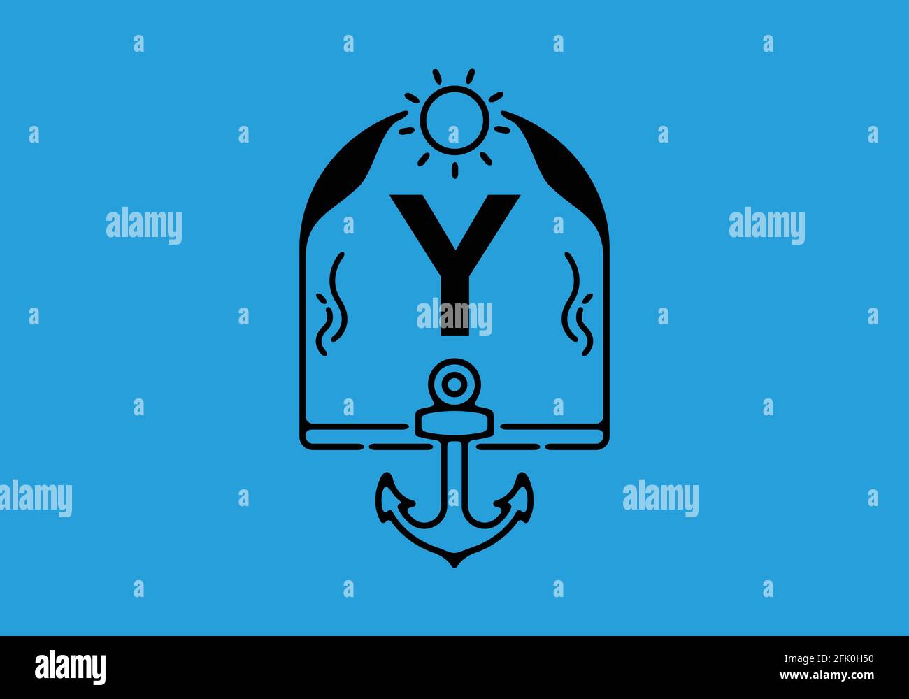 Black line art illustration of Y initial letter in anchor frame design ...