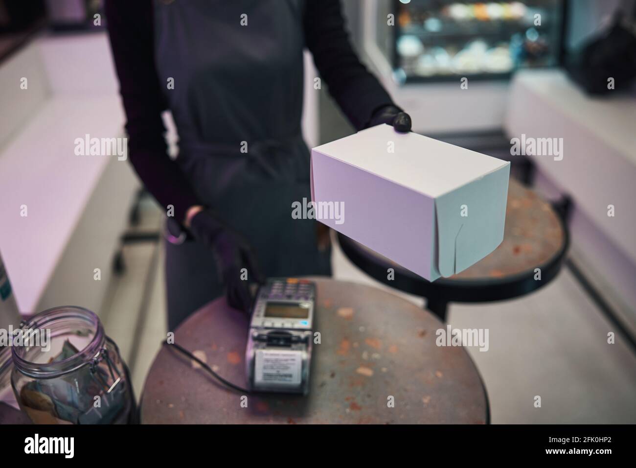 Ordering take-out in cafes with available payment terminal Stock Photo ...