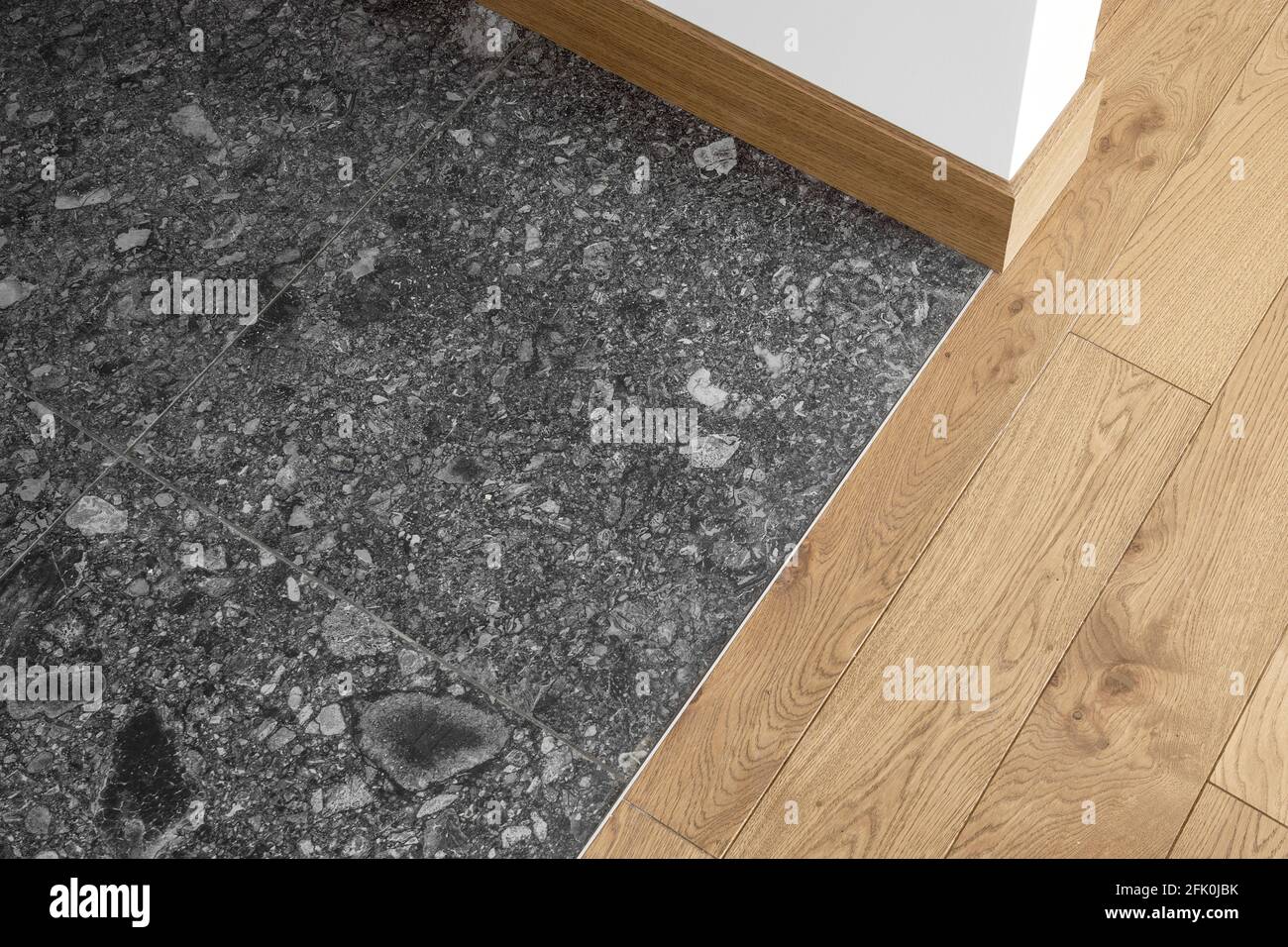 Room corner, three different textures: white wall, natural oak wood ...