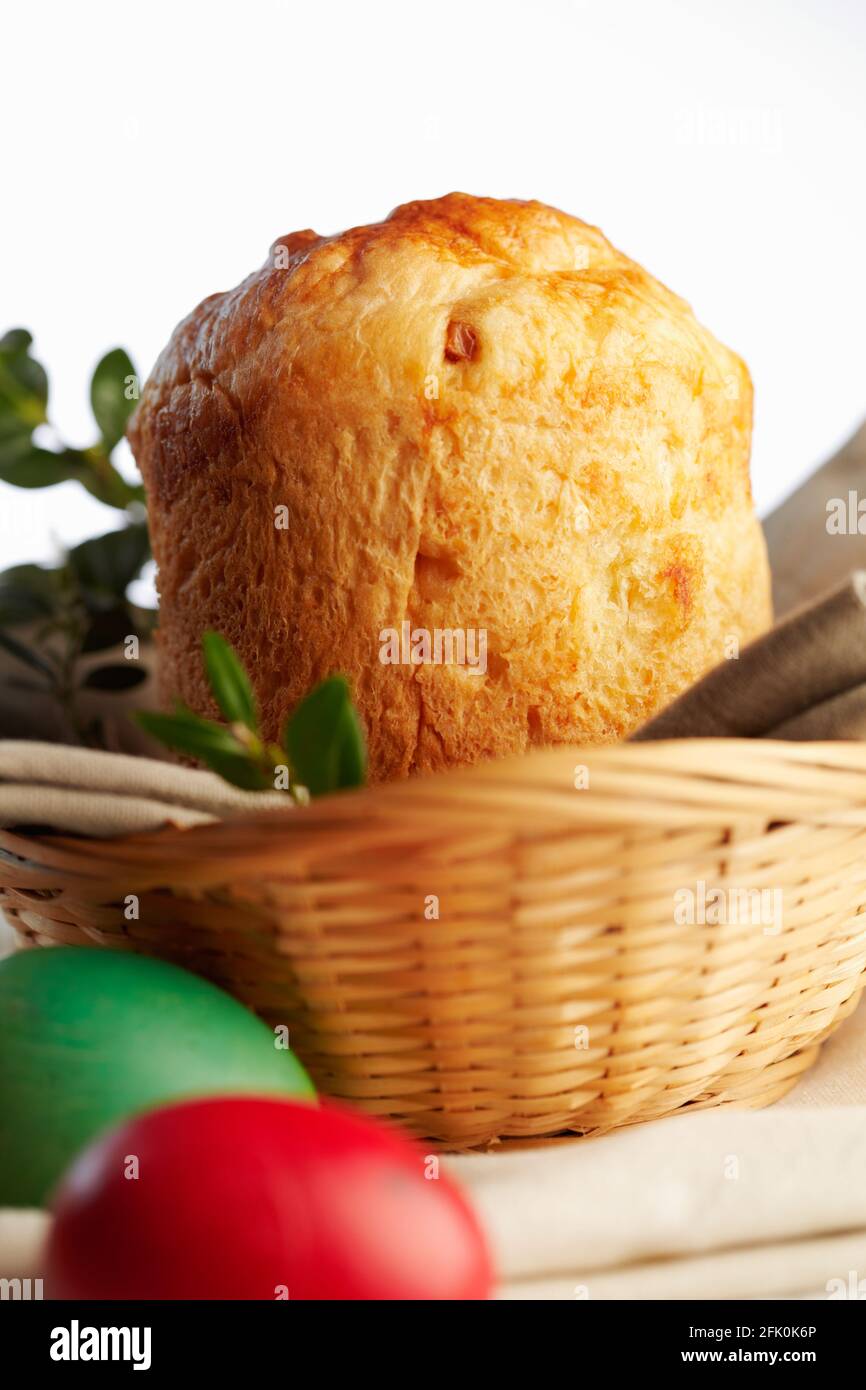 Easter sweet bread Orthodox kulich, paska, willow twigs. Easter ...