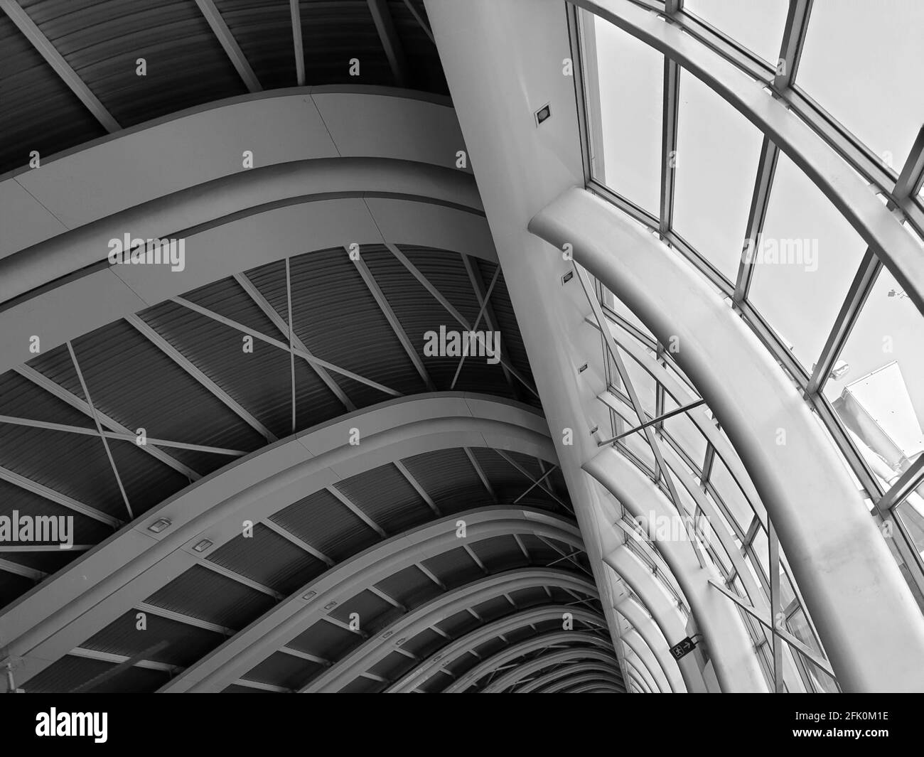 An abstract view of a building structure with curving columns in black ...