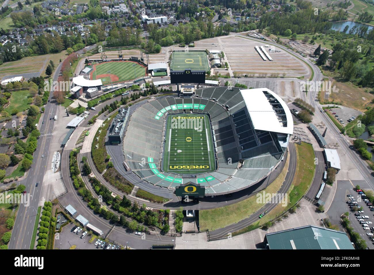 An aerial view of Autzen Stadium on the campus of the University of ...