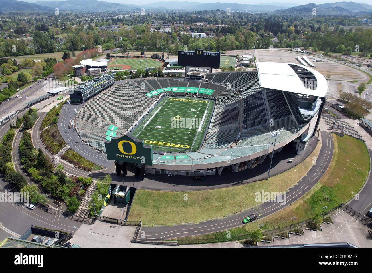 An aerial view of Autzen Stadium on the campus of the University of ...