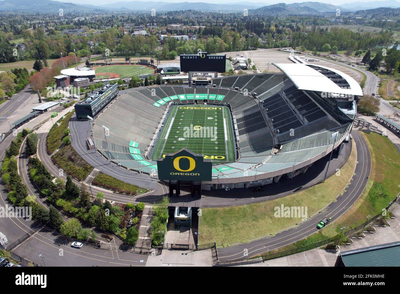 An aerial view of Autzen Stadium on the campus of the University of ...