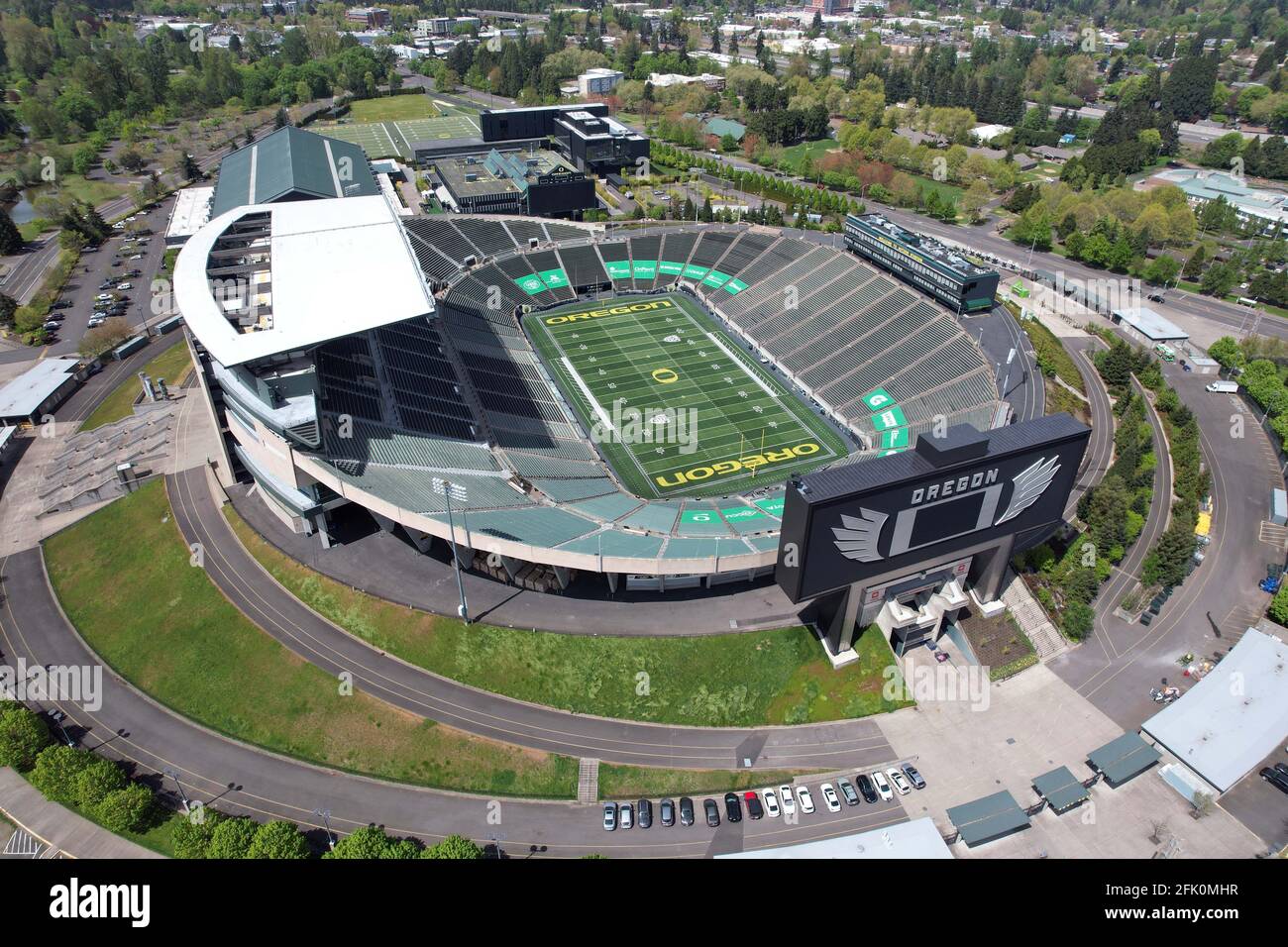 An aerial view of Autzen Stadium on the campus of the University of ...