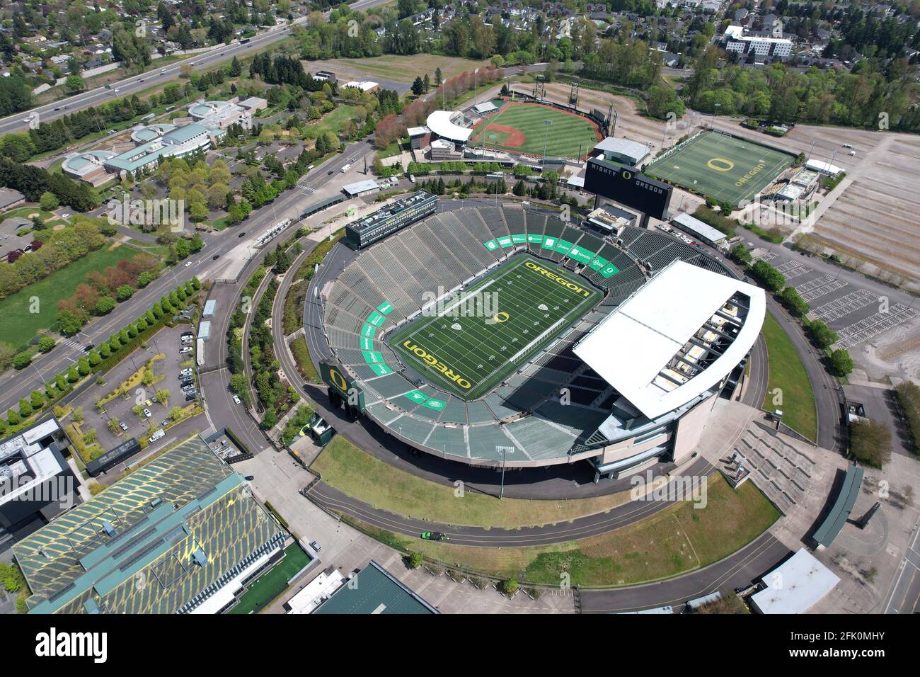 An aerial view of Autzen Stadium on the campus of the University of ...