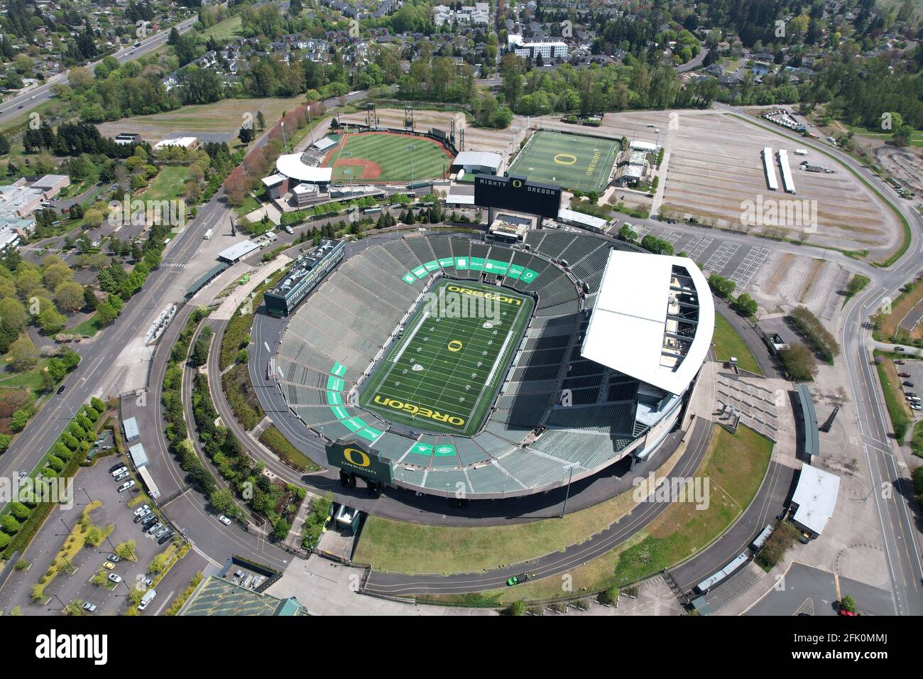 An aerial view of Autzen Stadium on the campus of the University of ...