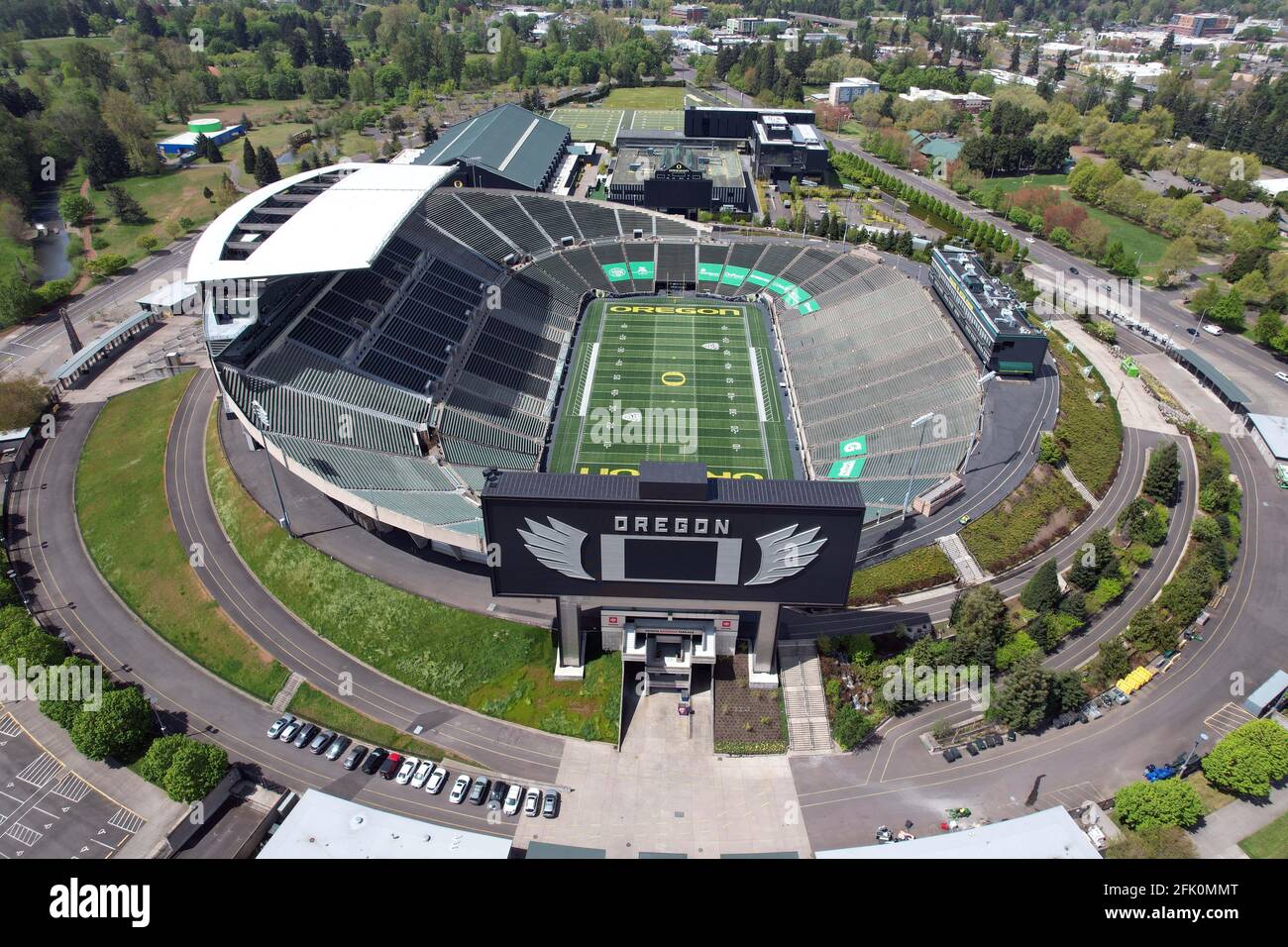 An aerial view of Autzen Stadium on the campus of the University of ...