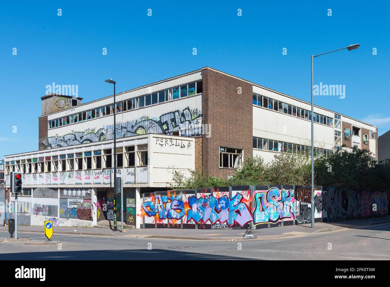 Derelict and vandalised 1960's factory unit on the corner of Bradford ...