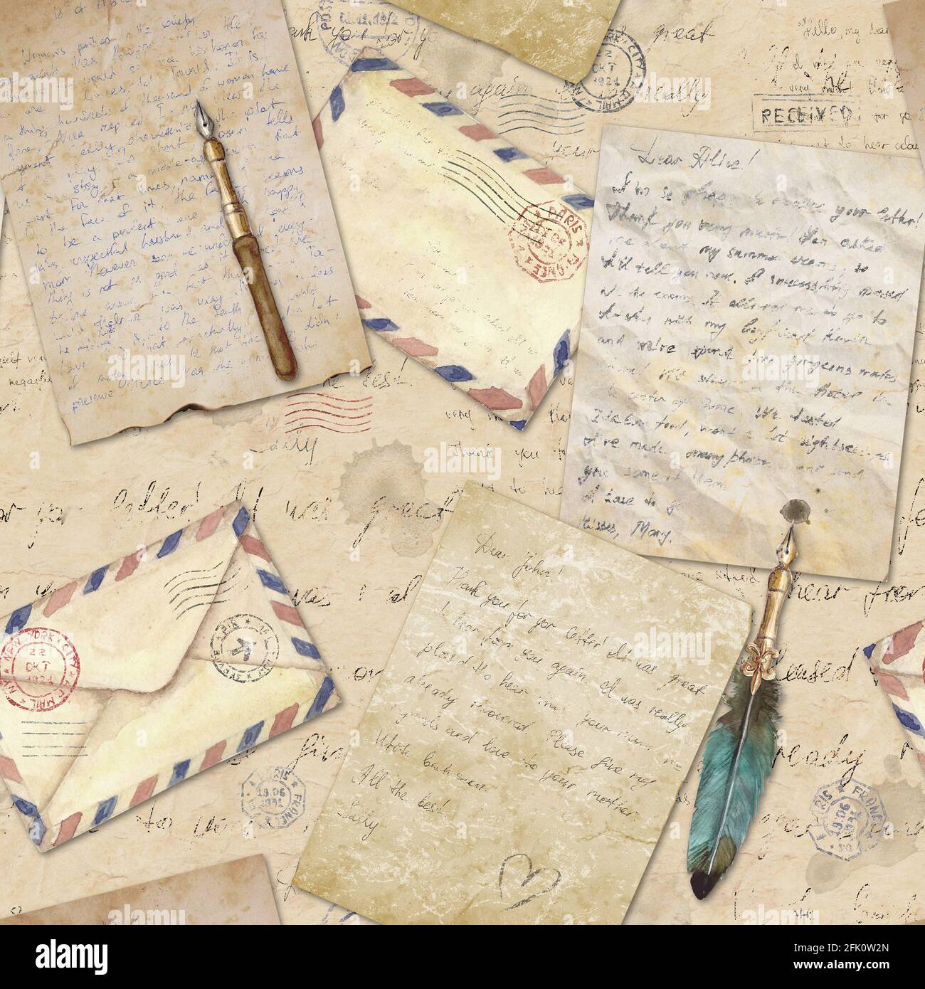 Mixed media background in vintage style with hand written letters, post ...