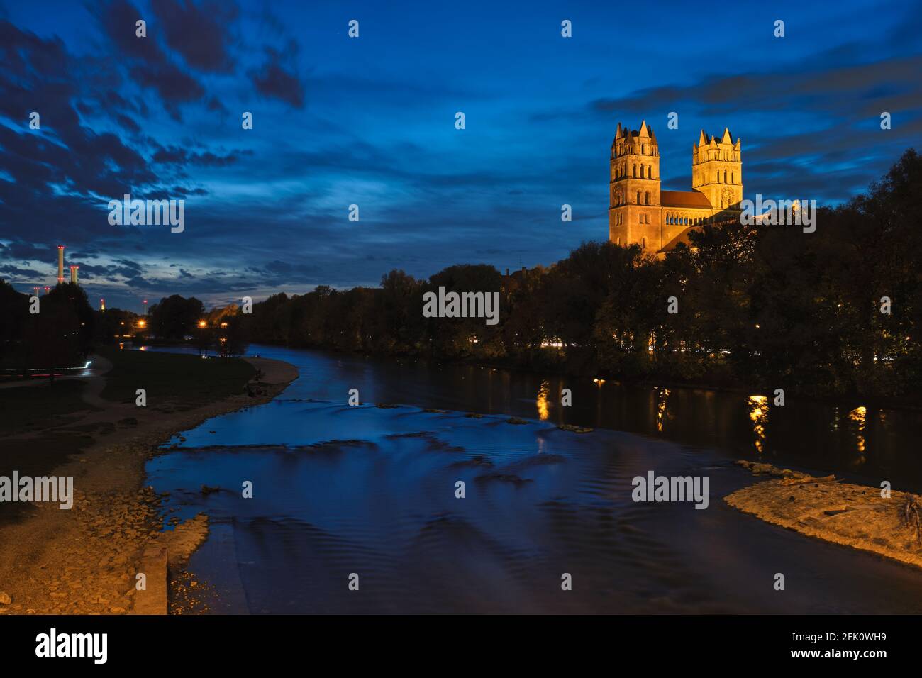 Isar river, park and St Maximilian church from Reichenbach Bridge ...