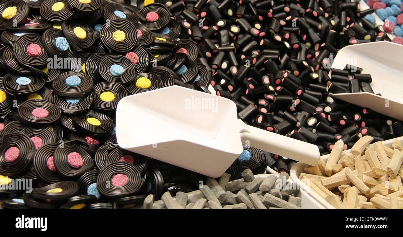A Display of Liquorish Candy Sweets with Plastic Scoops Stock Photo - Alamy