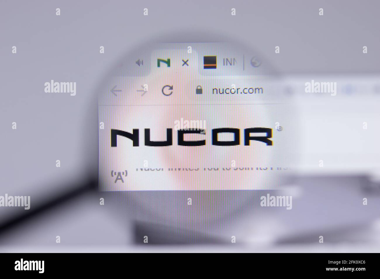 New York, USA - 26 April 2021: Nucor logo close-up on website page ...