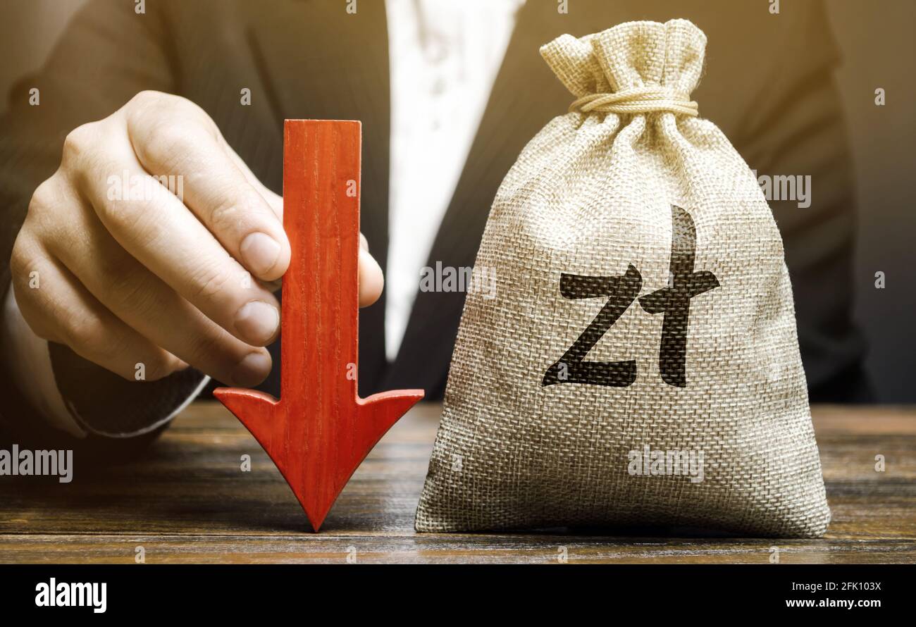 Money Bag With Polish Zloty Symbol And Red Arrow Down Economy Fall