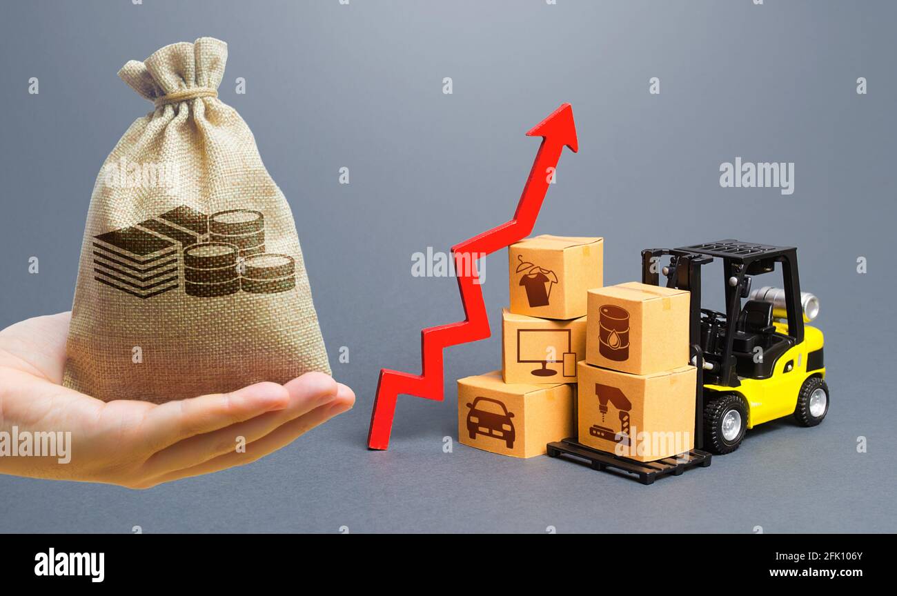 Money bag, forklift with boxes and red arrow up. Growth of performance ...