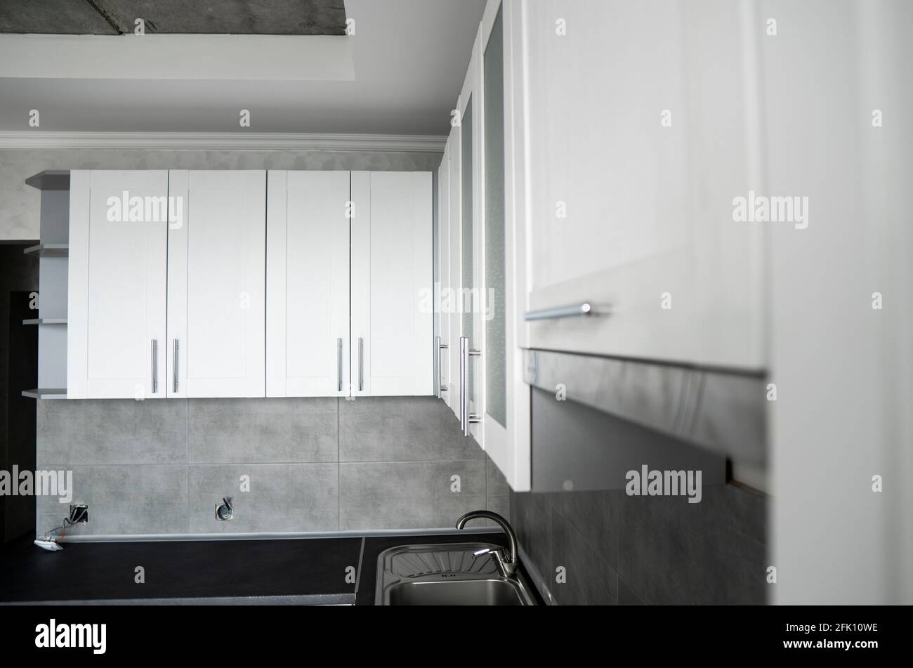 Modern minimalism style kitchen interior in monochrome tones. Custom ...