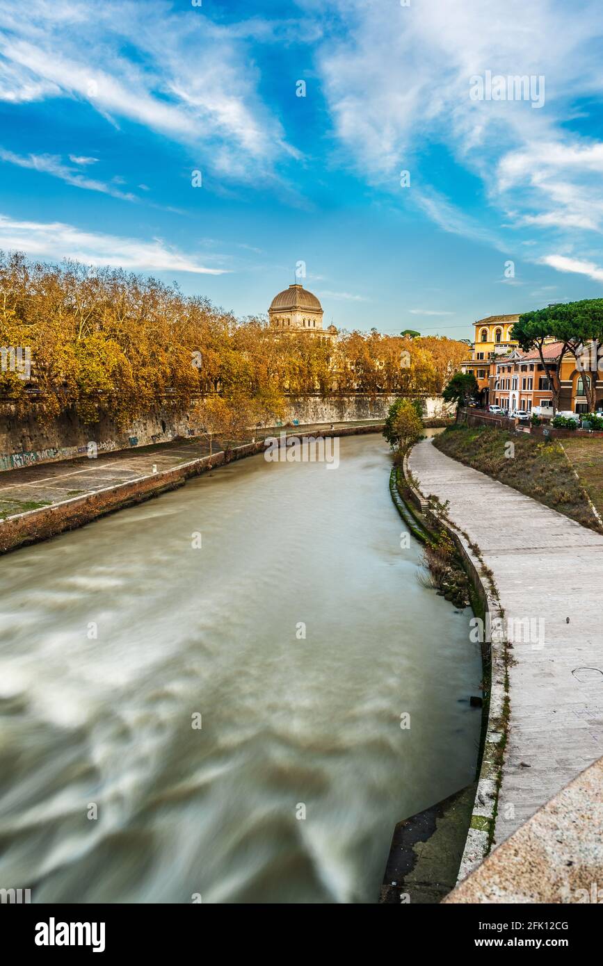 Tevere river and Tiberina island, in background the Dome of Great ...