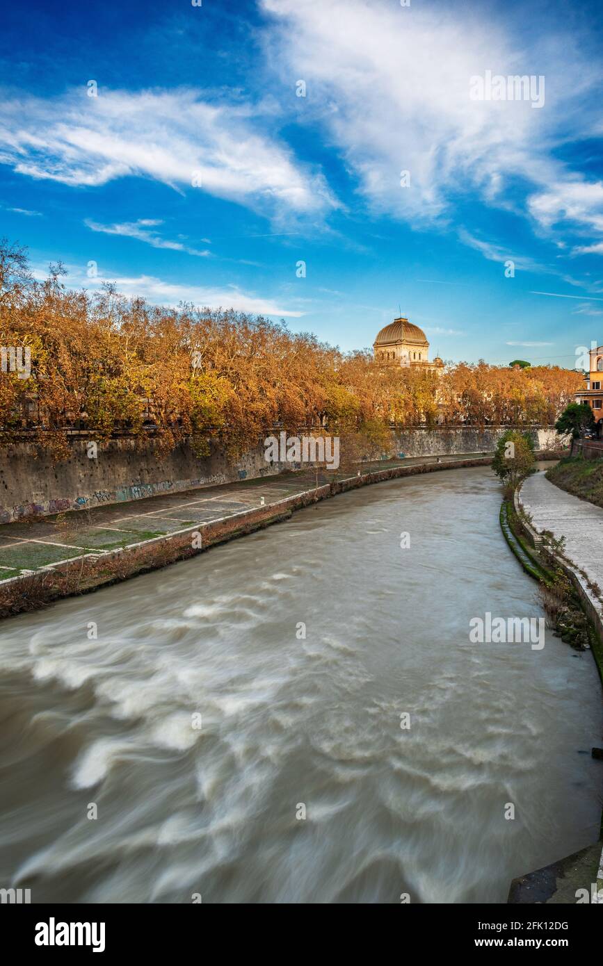 Tevere river and Tiberina island, in background the Dome of Great ...